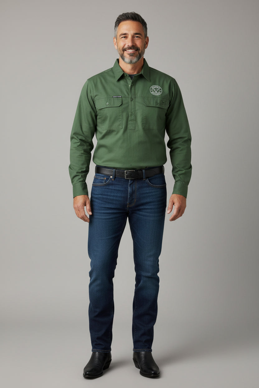 The Gibson Half Button Work Shirt | Gumleaf Green | Outback Clothing Co