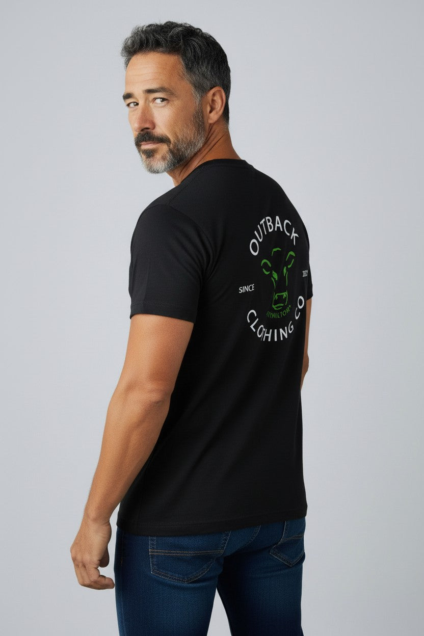 Outback Classic Tee – Black Neon Green Cow (Men’s) | Outback Clothing Co
